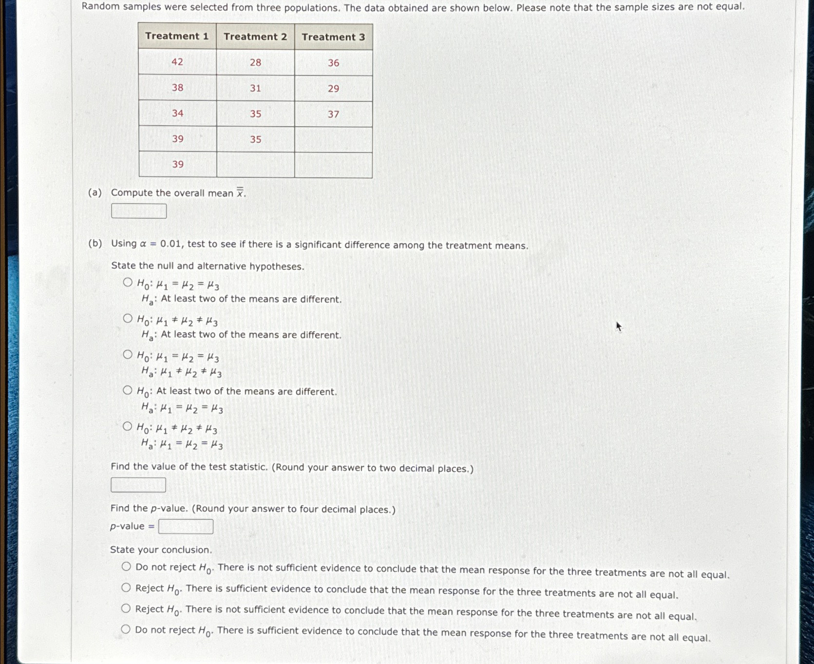 Solved Random samples were selected from three populations. | Chegg.com