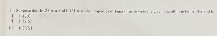 Solved 11. Suppose that ln(2)=a and ln(5)=b. Use properties | Chegg.com