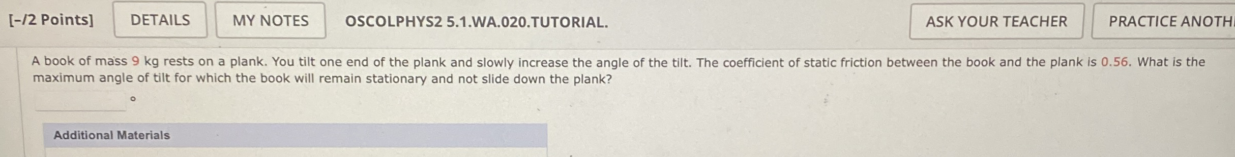 Solved [-/2 ﻿Points] ﻿OSCOLPHYS2 5.1.WA.020.TUTORIAL. | Chegg.com