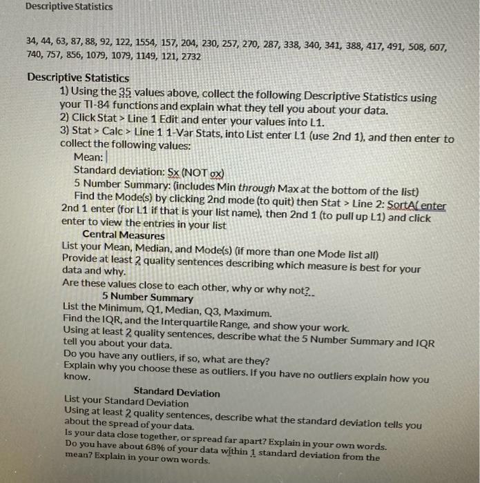 Solved Descriptive Statistics 34, 44, 63, 87, 88, 92, 122, | Chegg.com