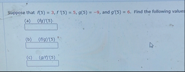 Solved Suppose that f(5)=3,f'(5)=5,g(5)=-9, ﻿and g'(5)=6. | Chegg.com