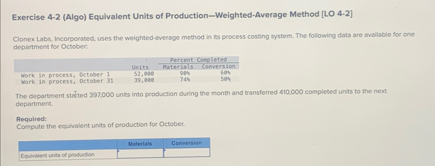 Solved Exercise 4-2 (Algo) ﻿Equivalent Units of | Chegg.com