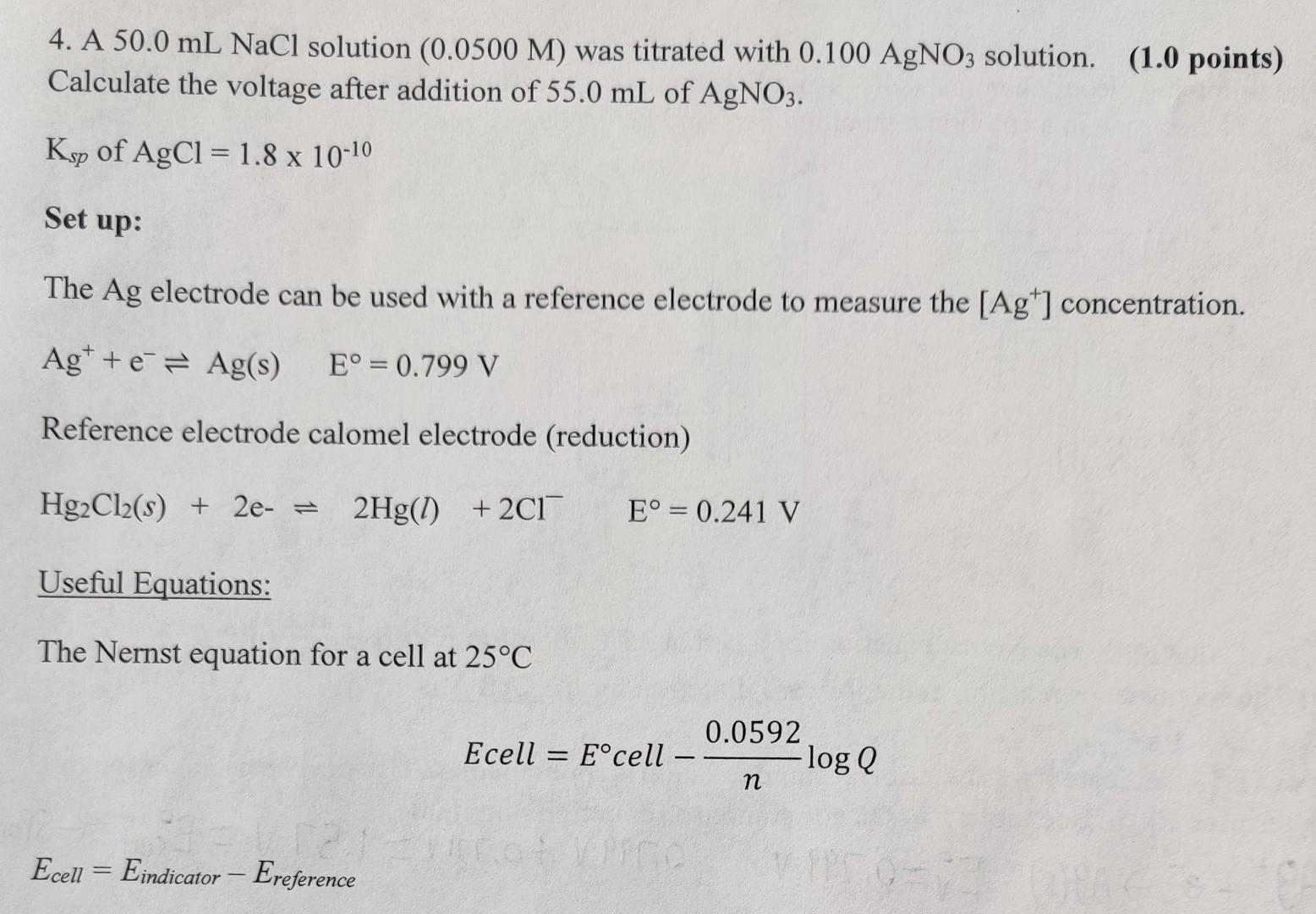 Solved 4. A 50.0 mLNaCl solution (0.0500M) was titrated with | Chegg.com