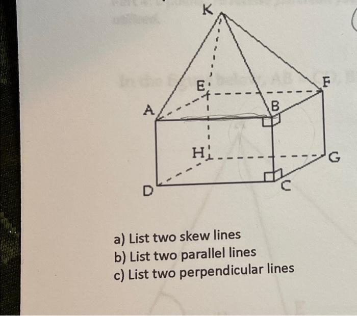 Solved a) List two skew lines b) List two parallel lines c) | Chegg.com