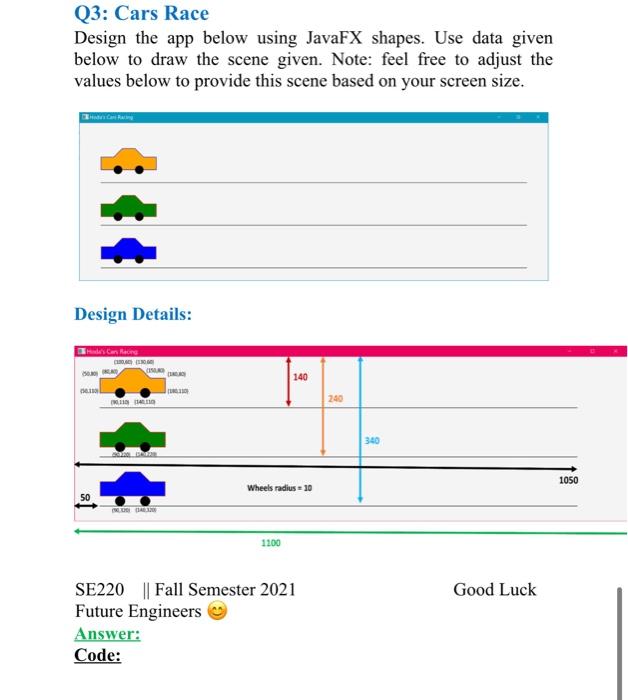 Q3: Cars Race Design the app below using JavaFX | Chegg.com