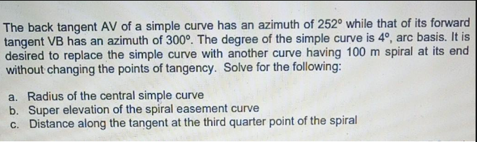 Solved The back tangent AV of a simple curve has an azimuth | Chegg.com