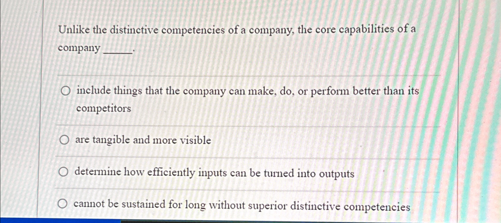 Solved Unlike the distinctive competencies of a company, the | Chegg.com