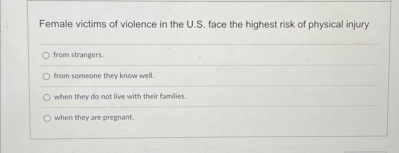 Solved Female victims of violence in the U.S. ﻿face the | Chegg.com