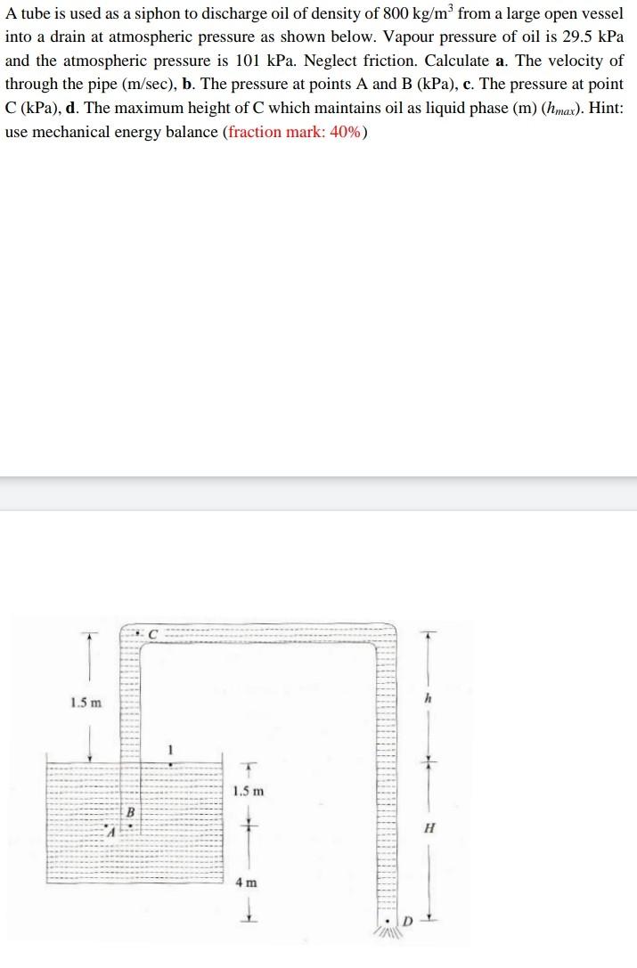 Solved A tube is used as a siphon to discharge oil of | Chegg.com