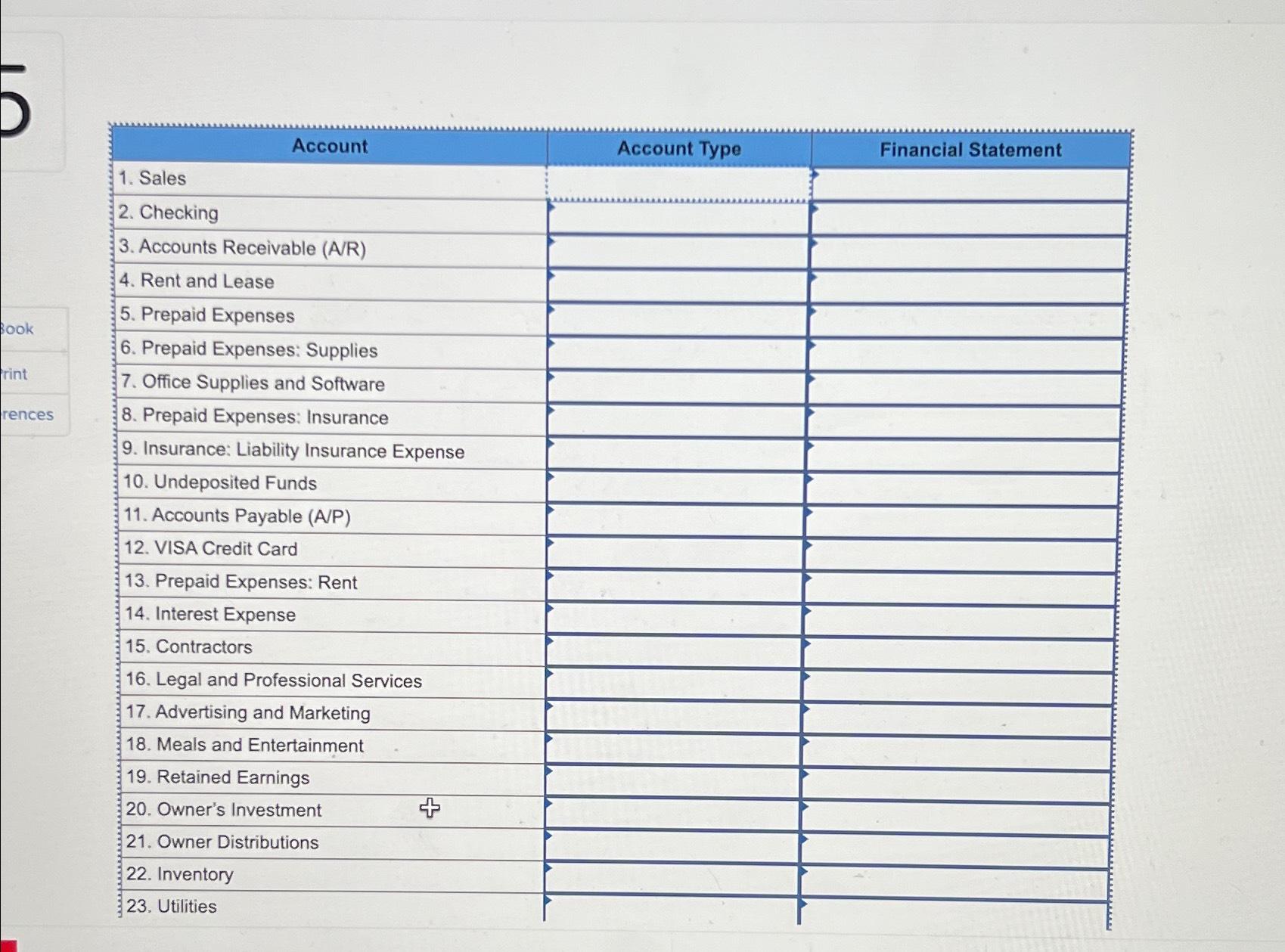 Solved \table[[Account,Account Type,Financial Statement],[1. | Chegg.com