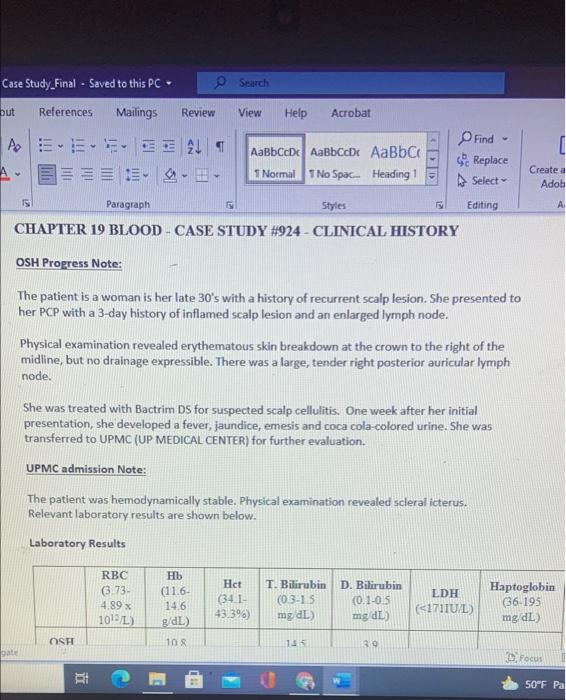 Solved CHAPTER 19 BLOOD-CASE STUDY #924 - CLINICAL HISTORY | Chegg.com