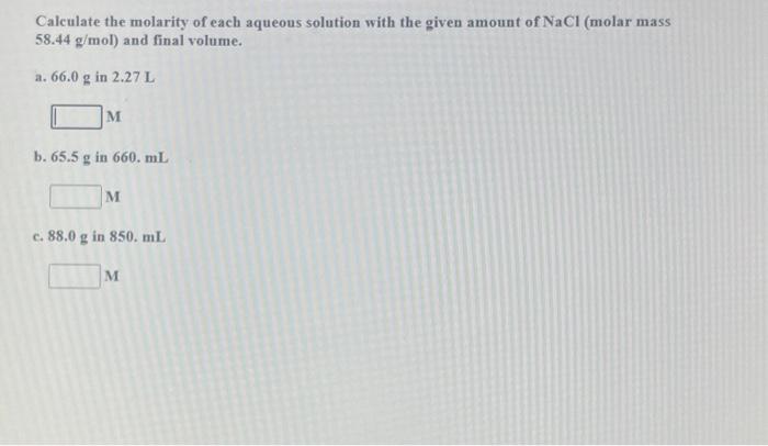 Solved Calculate the molarity of each aqueous solution with | Chegg.com