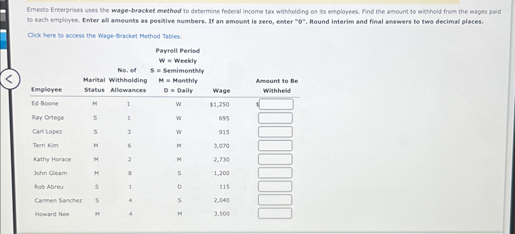 Emesto Enterprises uses the wage-bracket method to | Chegg.com