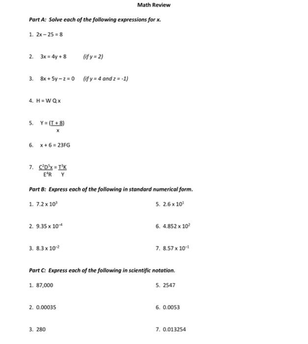 Solved Math Review Part A: Solve each of the following | Chegg.com