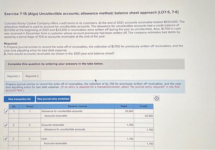 Solved Exercise 7-15 (Algo) Uncollectible accounts; | Chegg.com