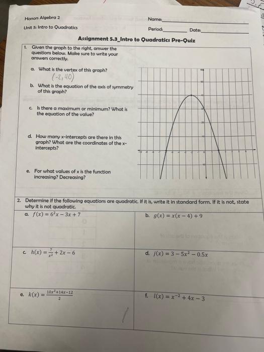 Solved Assignment5.3_Intro to Quadratics Pre-Oulz 1. Clven | Chegg.com