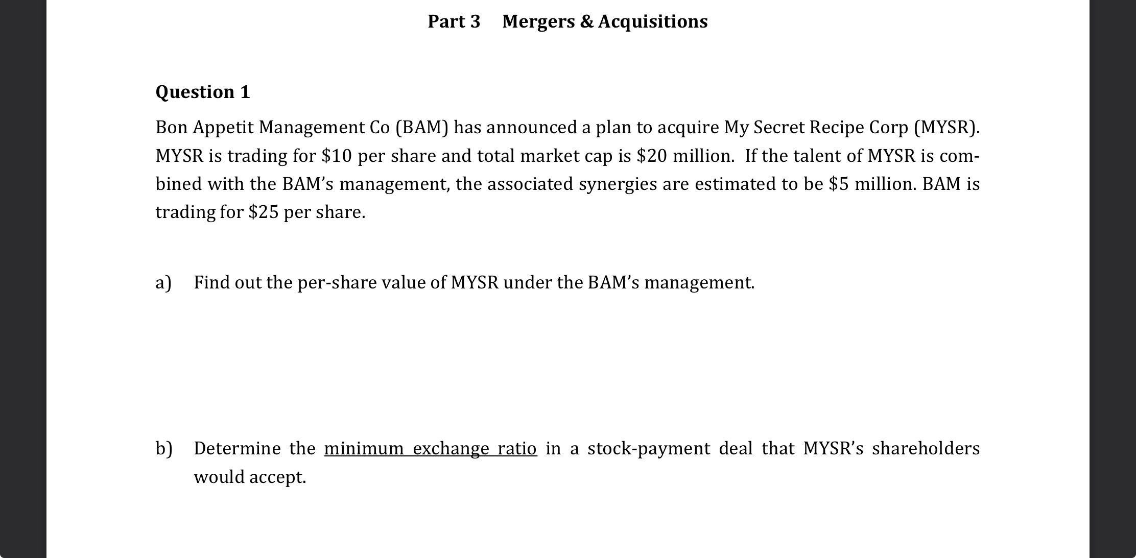 Solved Part 3 ﻿Mergers & AcquisitionsQuestion 1Bon Appetit | Chegg.com