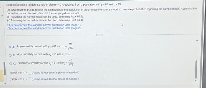 Solved Suppose a simple random sample of size \\( n=40 \\) | Chegg.com
