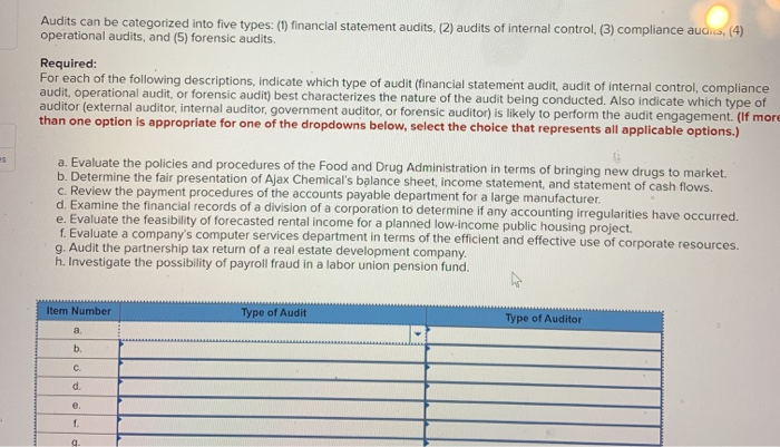 Solved Audits can be categorized into five types: (1) | Chegg.com