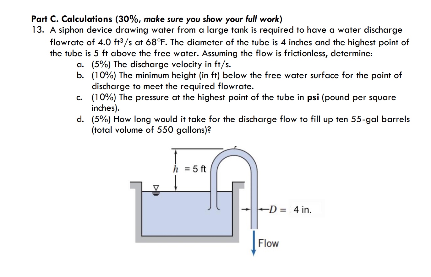 Solved Part C. ﻿A siphon device drawing water from a large | Chegg.com