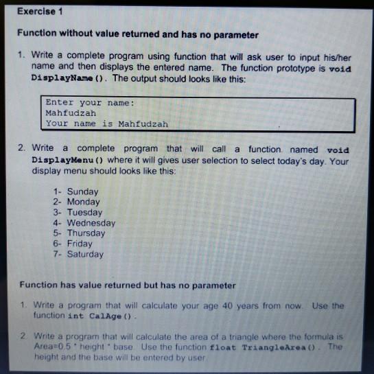 Solved Exercise 1 Function without value returned and has no | Chegg.com