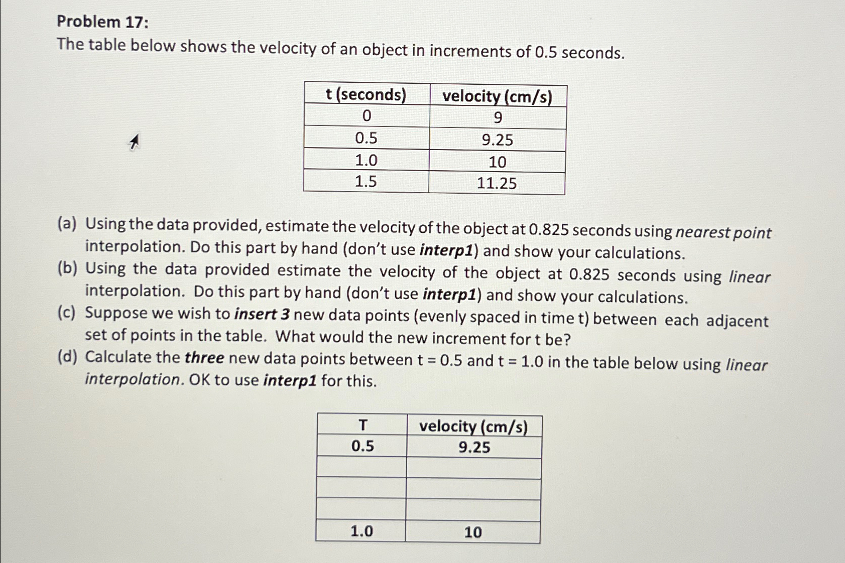 Solved Problem 17:The table below shows the velocity of an | Chegg.com