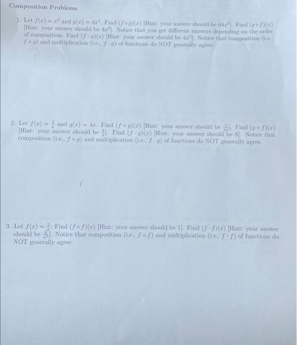 Solved Composition Problems 1. Let f(x) = x³ and g(x) = 4r². | Chegg.com
