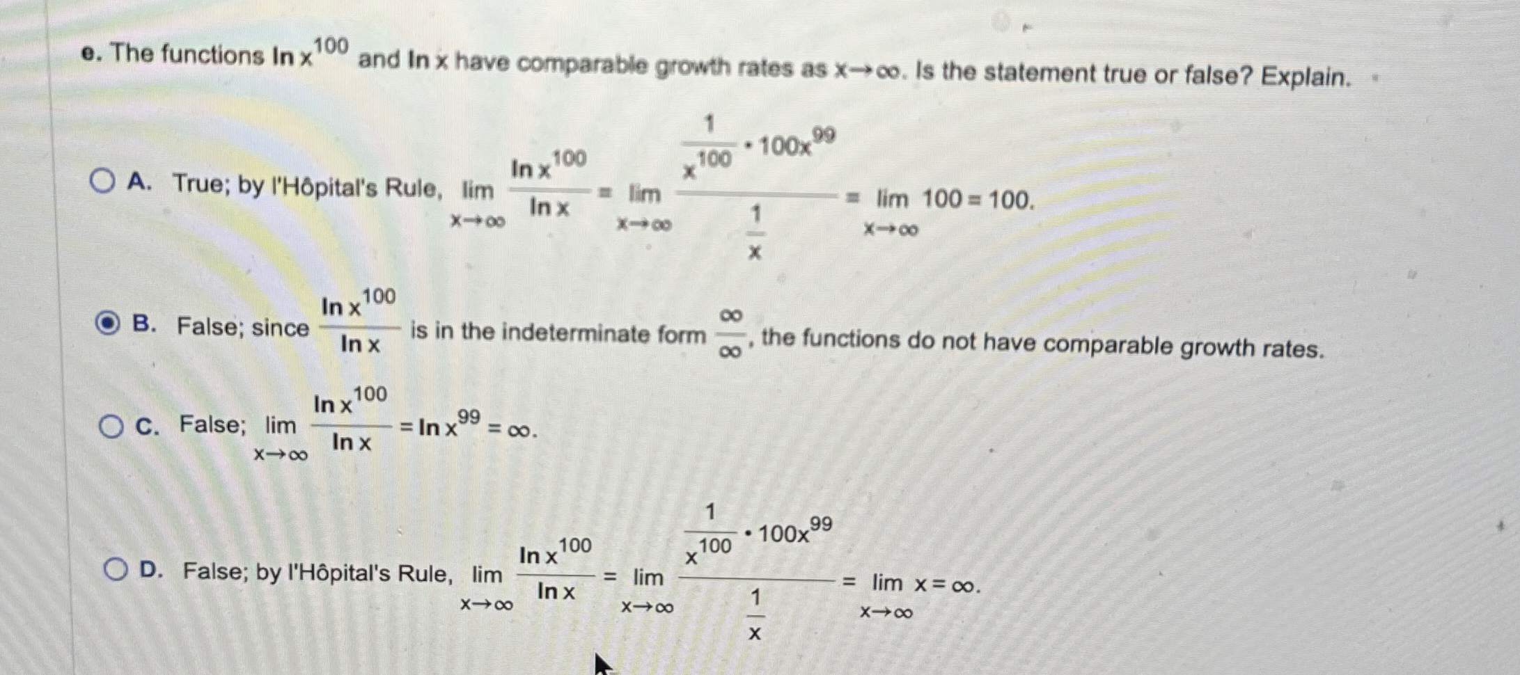 Solved e. ﻿The functions lnx100 ﻿and lnx ﻿have comparable | Chegg.com
