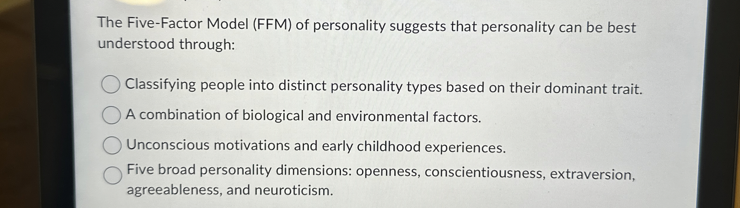 Solved The Five-Factor Model (FFM) ﻿of personality suggests | Chegg.com