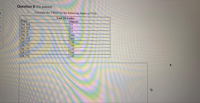 Solved Question 8 (10 points) 1. Calculate the VWAP for the | Chegg.com
