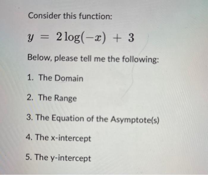 Solved Consider this function: y=2log(−x)+3 Below, please | Chegg.com