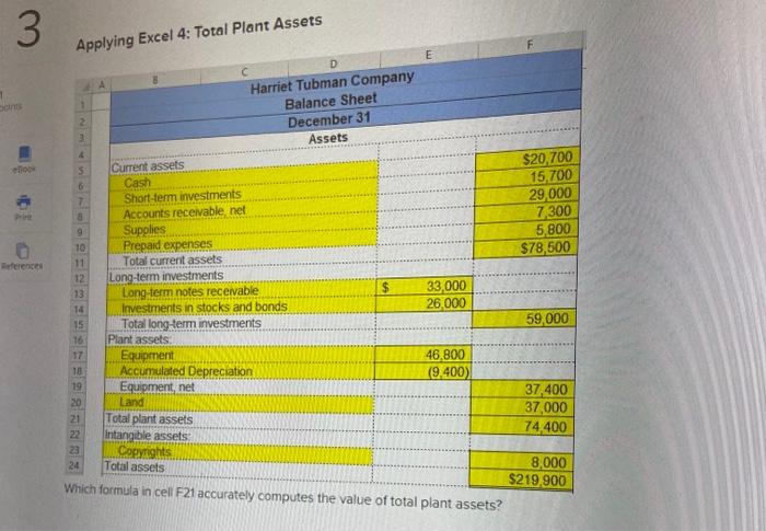 Solved 3 Applying Excel 4: Total Plant Assets E A 1 1 с D | Chegg.com