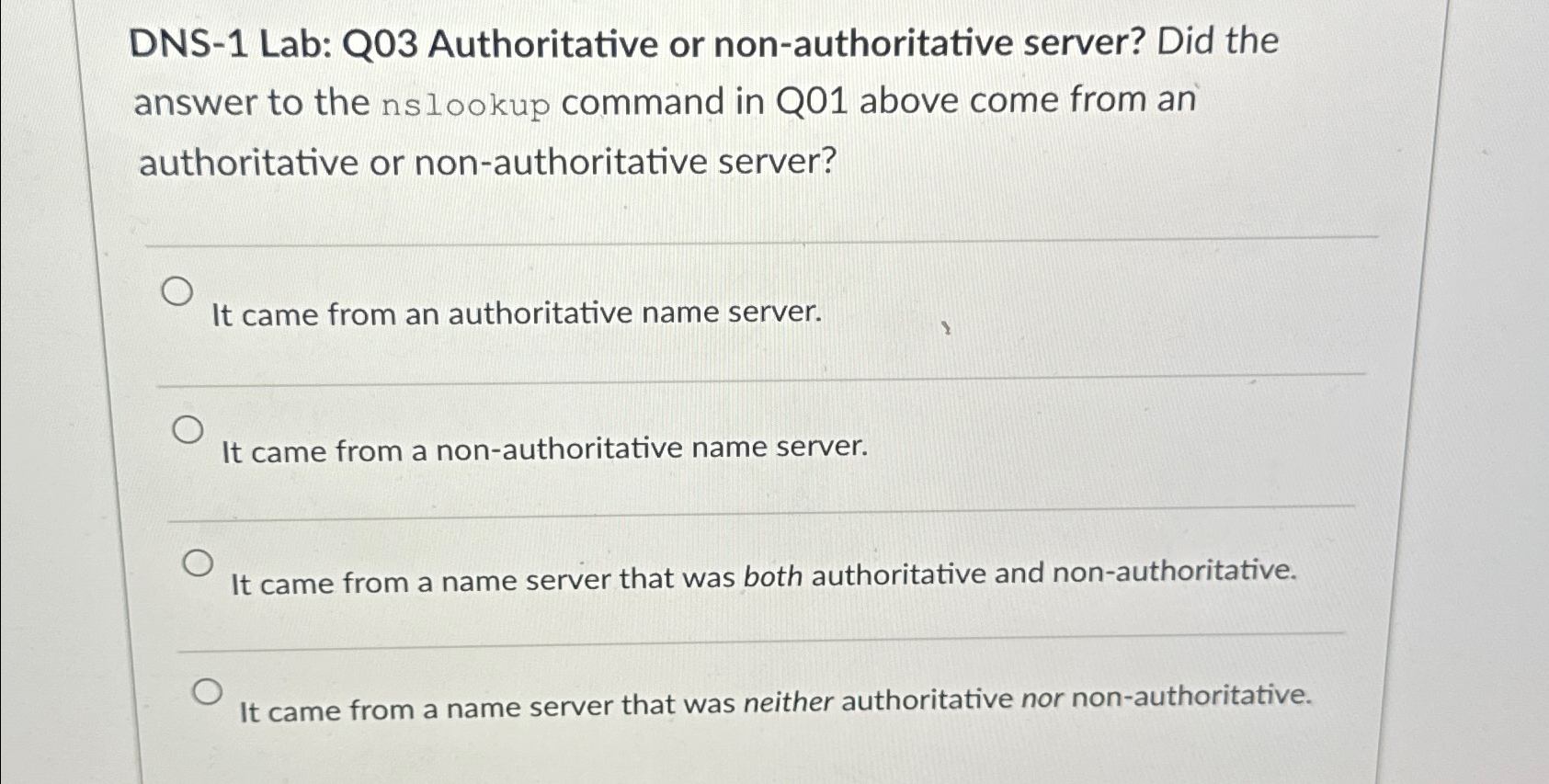 Solved DNS-1 ﻿Lab: Q03 ﻿Authoritative or non-authoritative | Chegg.com