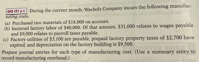 Solved DO IT! 2-1 During the current month, Wacholz Company | Chegg.com