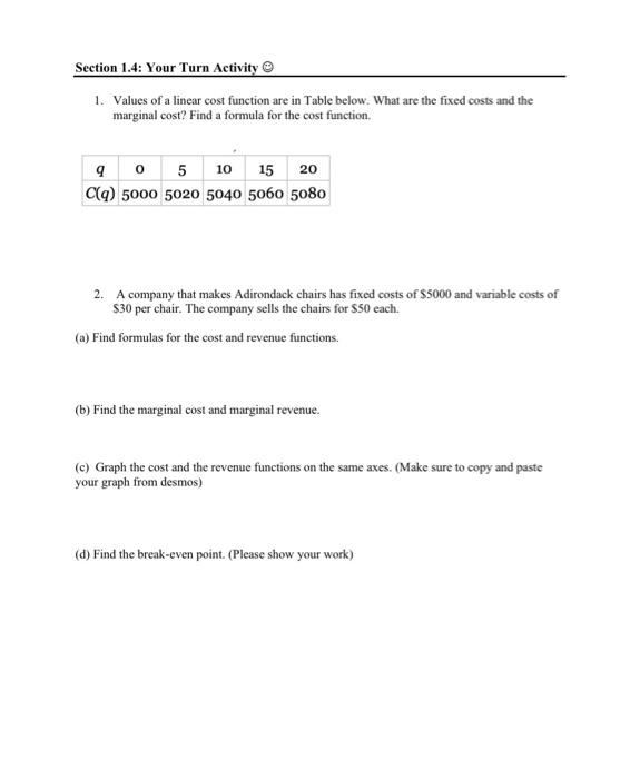[solved] 1 Values Of A Linear Cost Function Are In Table