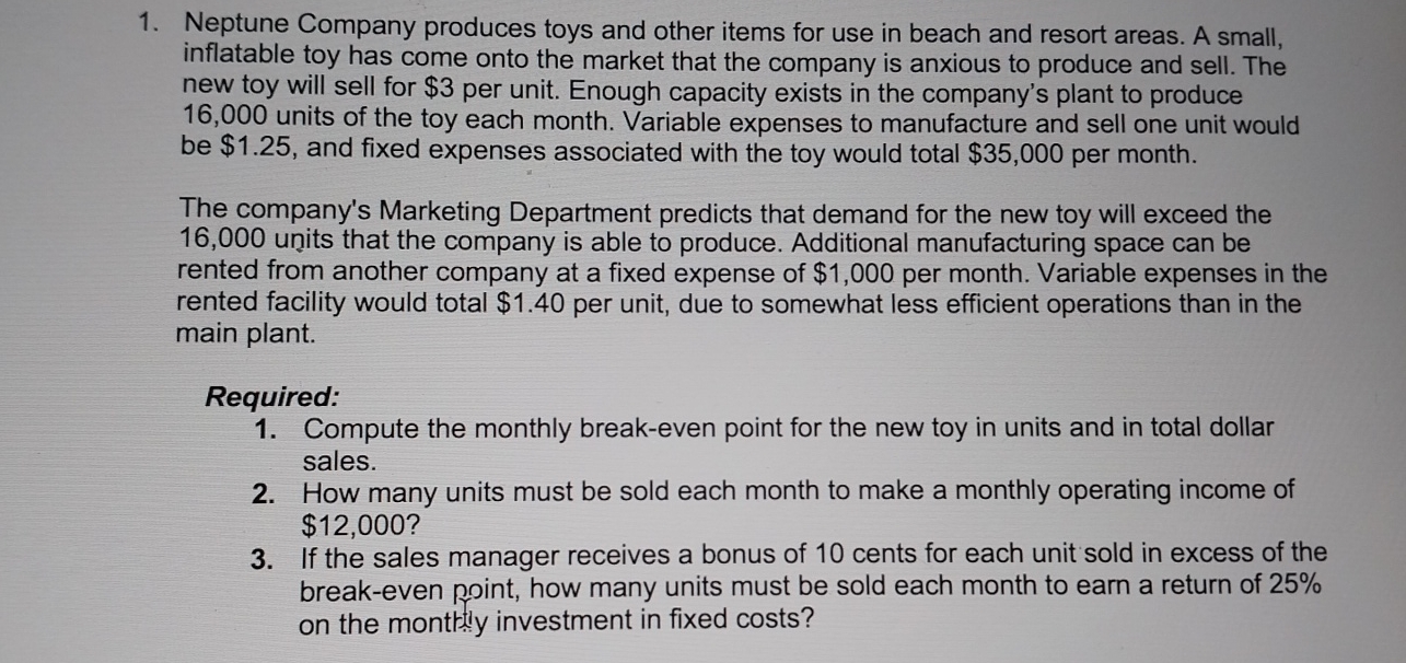 Solved Neptune Company produces toys and other items for use | Chegg.com