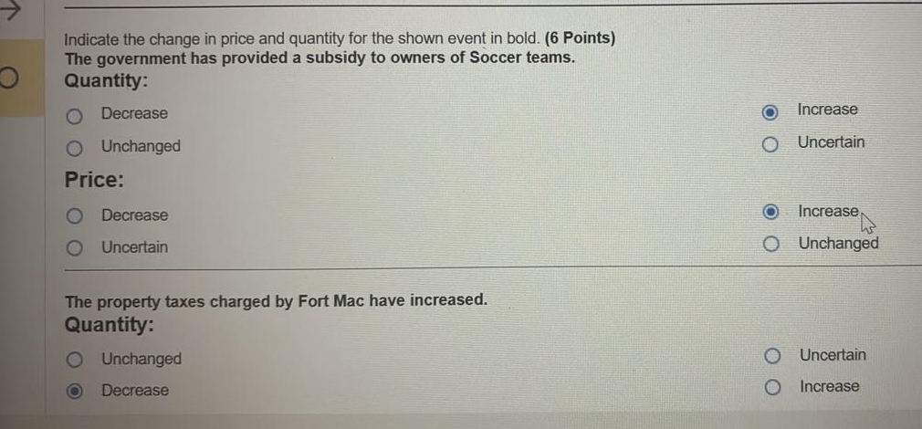 Solved Indicate the change in price and quantity for the | Chegg.com