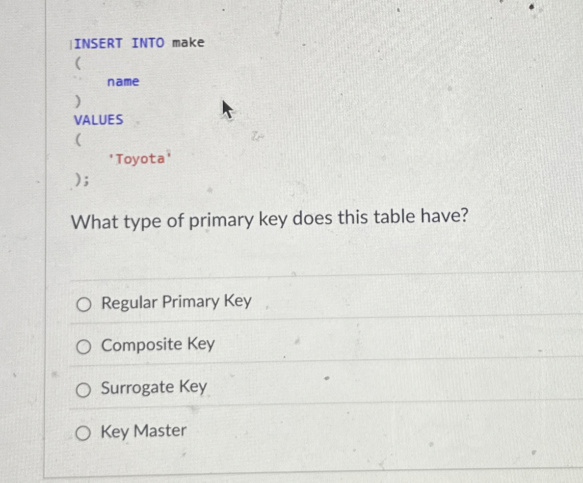 Solved INSERT INTO make(nameVALUES('Toyota'；What type of | Chegg.com