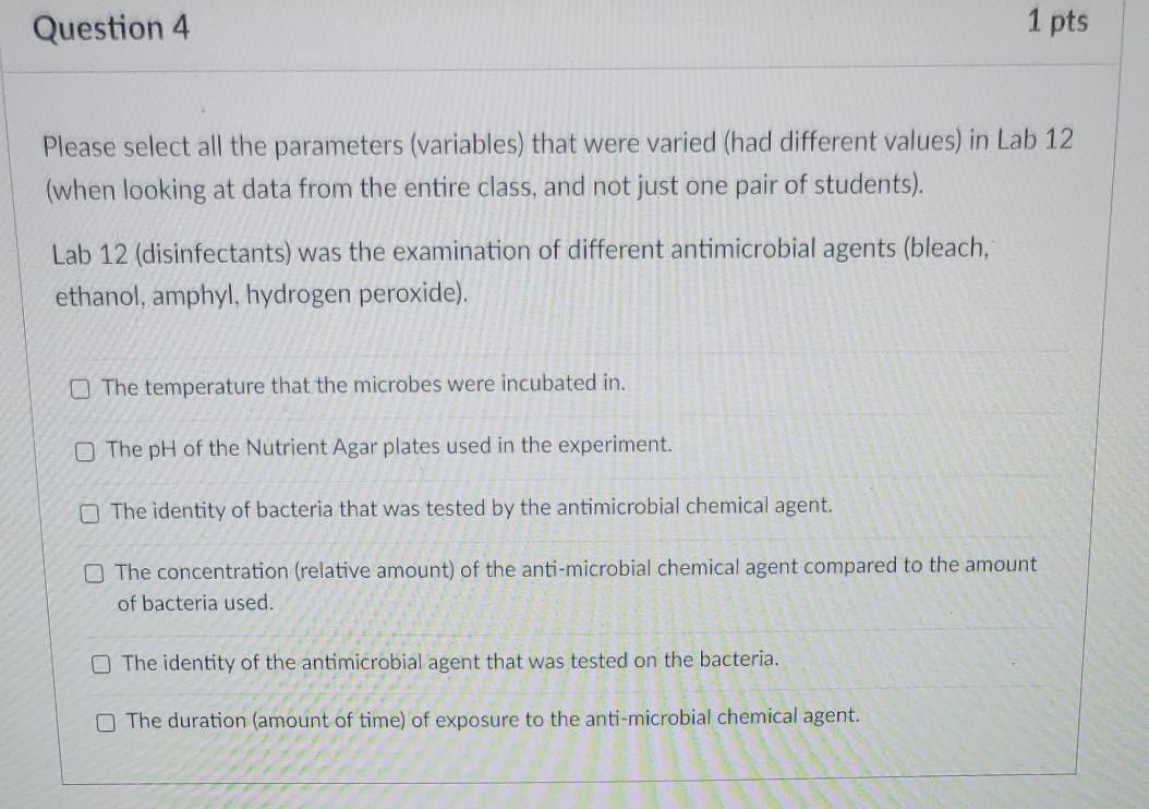Solved Question 4 1 pts Please select all the parameters | Chegg.com