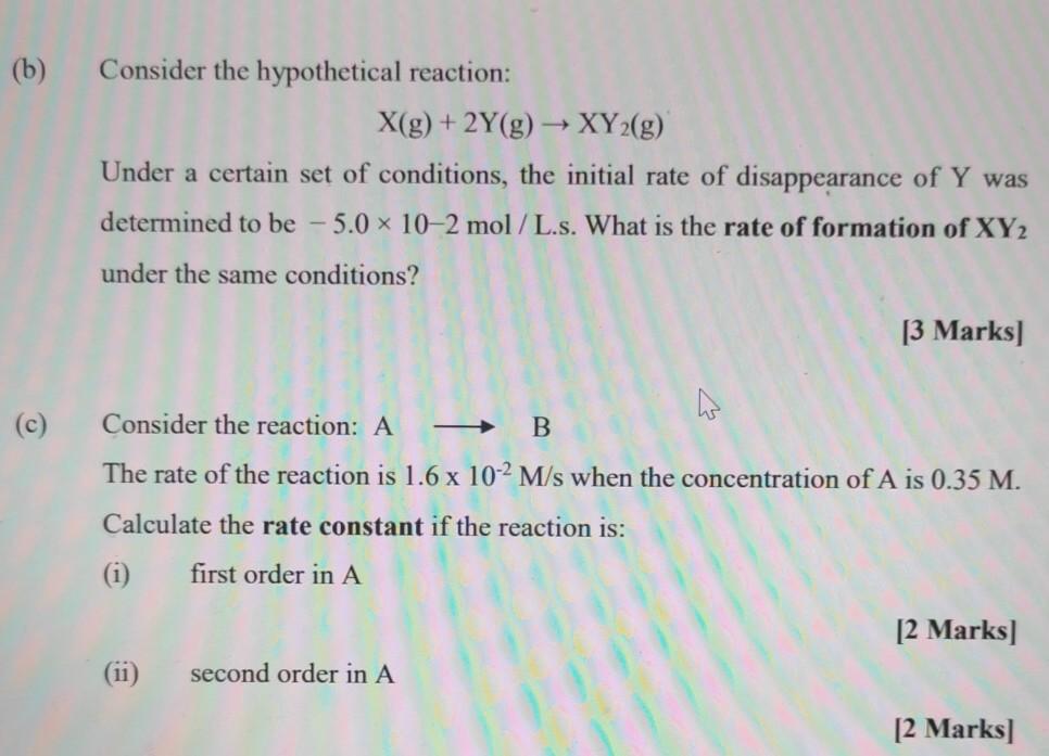 Solved (b) Consider the hypothetical reaction: X(g) + 2Y(g) | Chegg.com