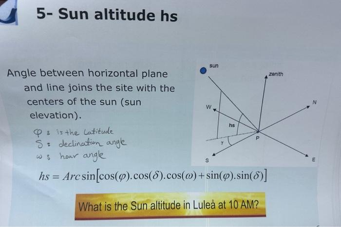 Solved 5- Sun altitude hs Angle between horizontal plane and | Chegg.com
