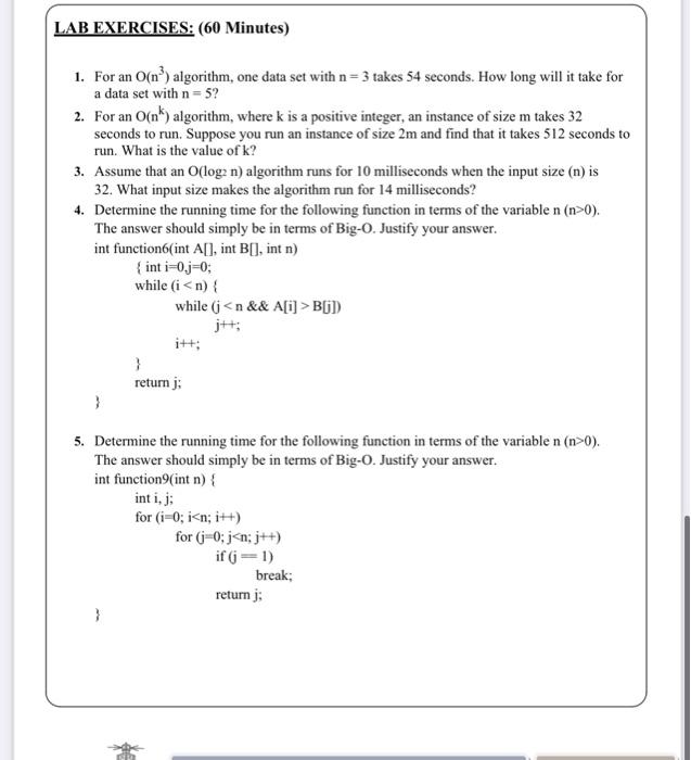 Solved LAB EXERCISES: (60 Minutes) 1. For an O(n) algorithm, | Chegg.com