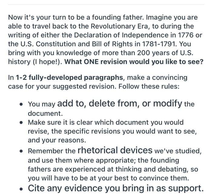 Solved Now it's your turn to be a founding father. Imagine | Chegg.com