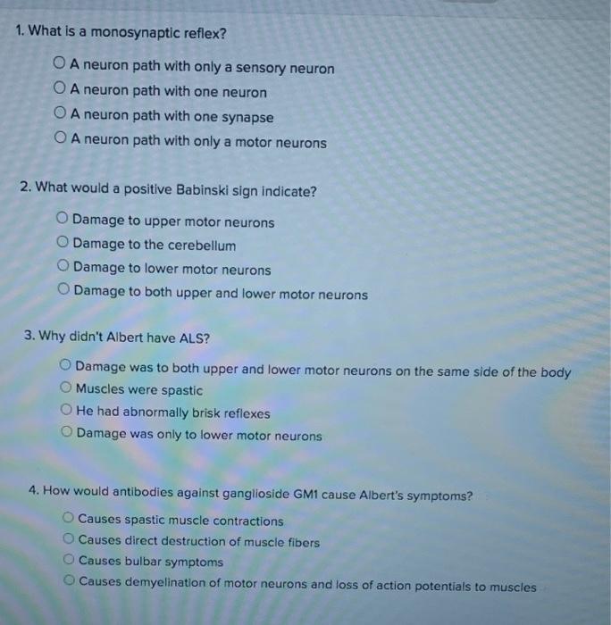 Solved 1. What is a monosynaptic reflex? O A neuron path | Chegg.com