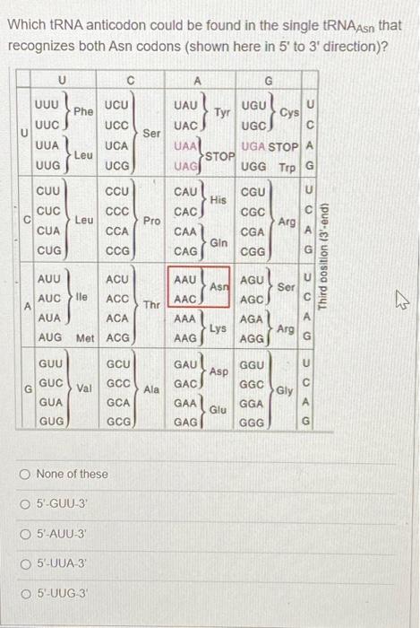 Solved Which TRNA anticodon could be found in the single | Chegg.com