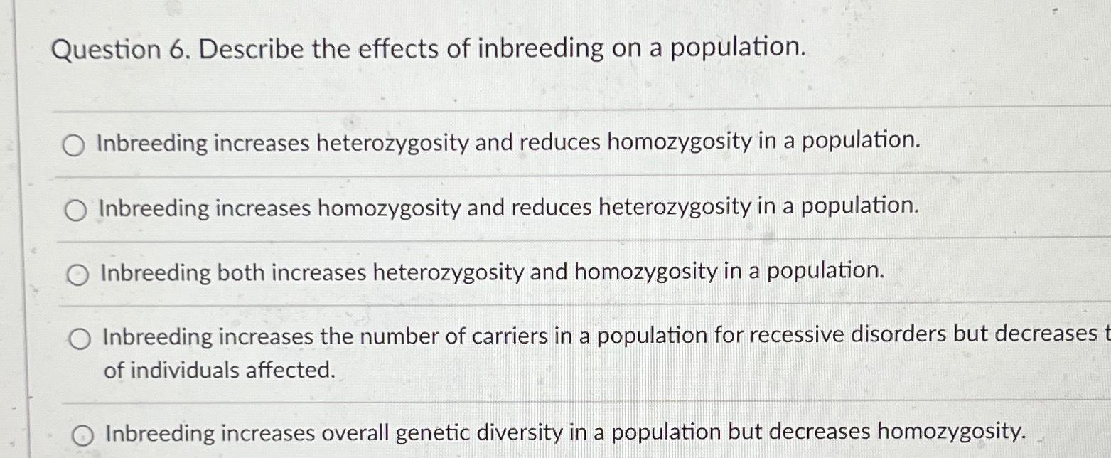 Solved Question 6. ﻿Describe the effects of inbreeding on a | Chegg.com
