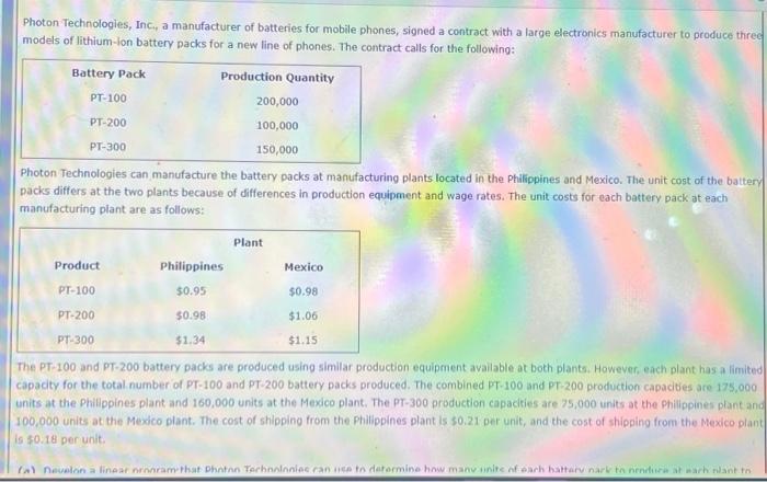 Solved Photon Technologies, Inc, a manufacturer of batteries | Chegg.com