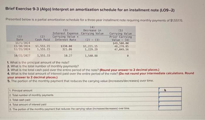 Solved Brief Exercise 9-3 (Algo) Interpret an amortization | Chegg.com