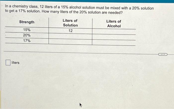 Solved In a chemistry class, 12 liters of a 15% alcohol | Chegg.com
