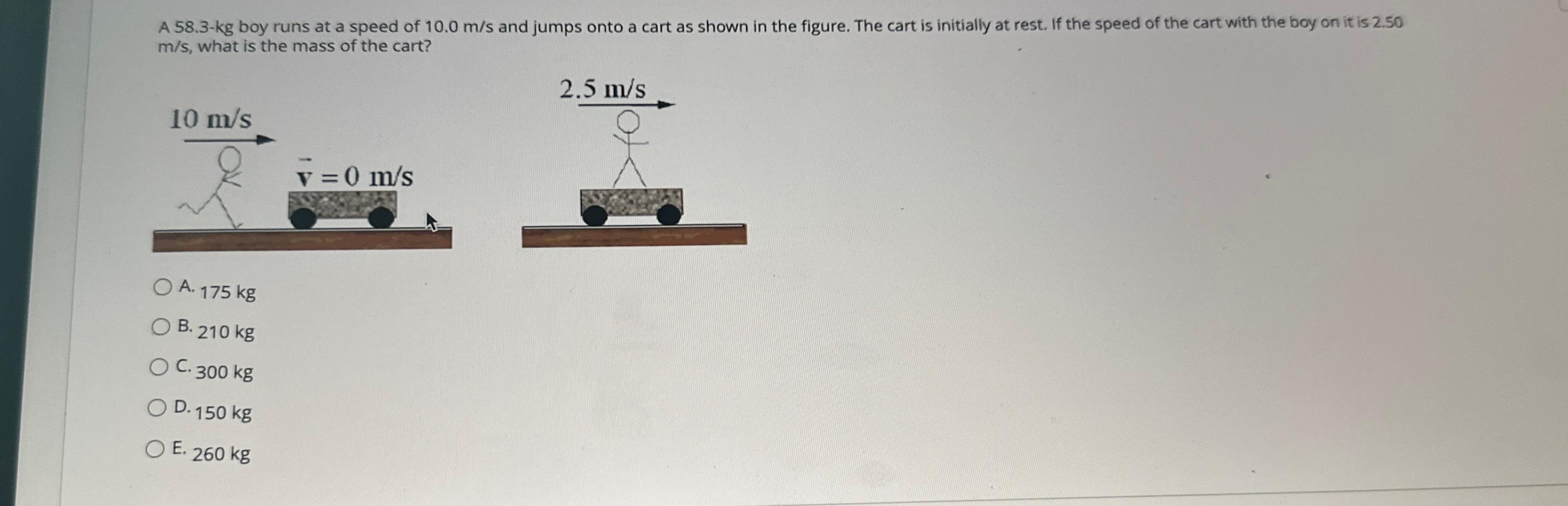 Solved A 58.3-kg ﻿boy runs at a speed of 10.0ms ﻿and jumps | Chegg.com